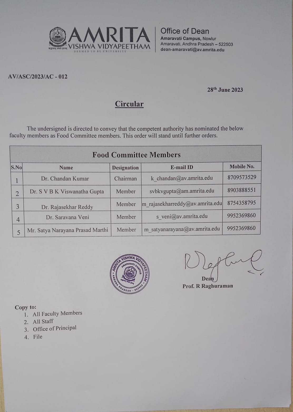 Food Committee Members | Intranet Amrita Vishwa Vidyapeetham ...