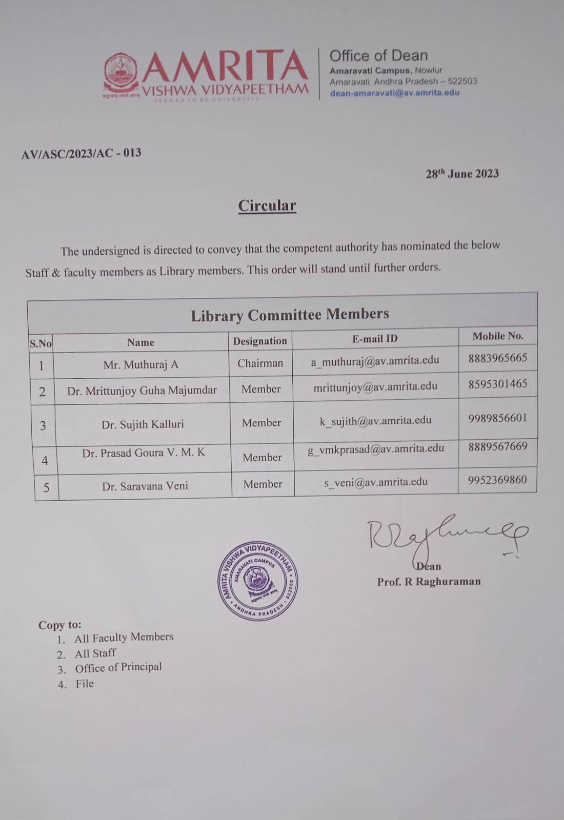 Library Committee members | Intranet Amrita Vishwa Vidyapeetham ...